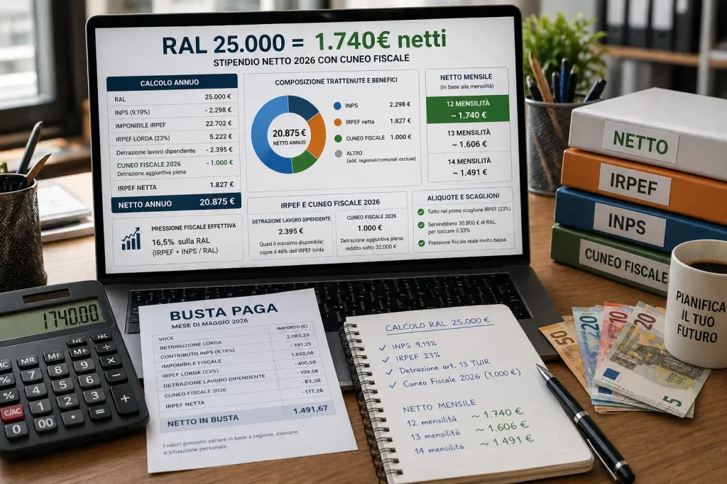 RAL 25000 Stipendio Netto 2026 (Mensile e Annuale)